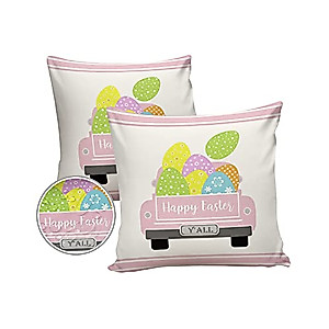 Outdoor Pillow Covers 24x24inch Spring Happy Easter Colorful Eggs Truck Waterproof Decorative Patio Garden Cushion Cover Pink Stripes Throw Pillow Case Set of 2 for Sofa Furniture Decoration