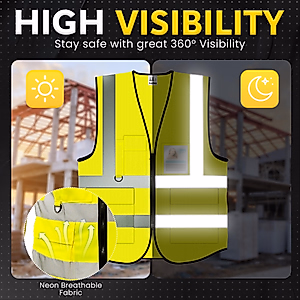 PeerBasics Safety Vest 10 Pack, Yellow, ANSI Class 2, Reflective, For Men Women Unisex, With Pockets Zipper, Breathable Mesh (Large)
