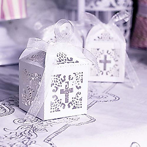 YOZATIA 50PCS Cross Favor Boxes, 2.2 x 2.2 x 2.2 Inches Baptism Favor Boxes with 50 Ribbons, for Party Birthday Christening favor(Cross)