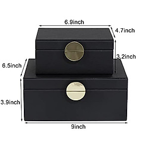 HofferRuffer Faux Leather Jewelry Boxes, Decorative Boxes Storage Accessory Organizer with Gold Hardware Decor, Classic Vegan Leather Set of 2 Pieces (Black)