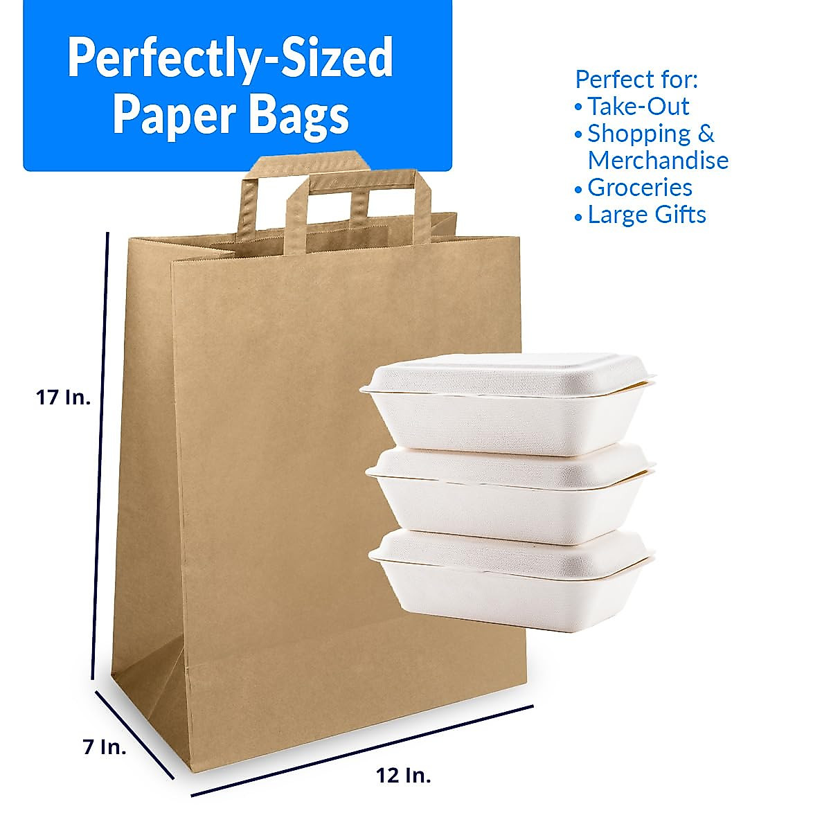 Reli. Paper Grocery Bags with Handles | 55 Pcs Bulk | 12"x7"x17" | Kraft Brown Paper Bags, Large | Use for Grocery, Take-Out, Restaurant, Retail, Shopping