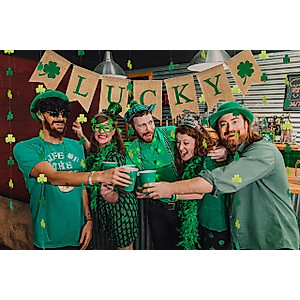 St Patricks Day Decorations, Lucky Shamrock Garland Banner, Patrick's Day Burlap Banners with 4 Glitter Shamrock Garland - NO DIY