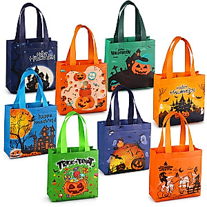 PARSUP 8PCS Halloween Trick or Treat Bags, Halloween Tote Bags with Handles, Gift Bags, Multifunctional Non-Woven Halloween Bags for Gifts Wrapping, Halloween Party Supplies, 7.9"×7.9"×3.15"