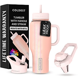 Coldest 40 oz Tumbler with Handle and Straw - 100% Spill Proof Tumbler with Straw (3 Lids) - Stainless Steel Insulated Leakproof Tumblers for Women & Men - 36 oz (Forever Pink Glitter)