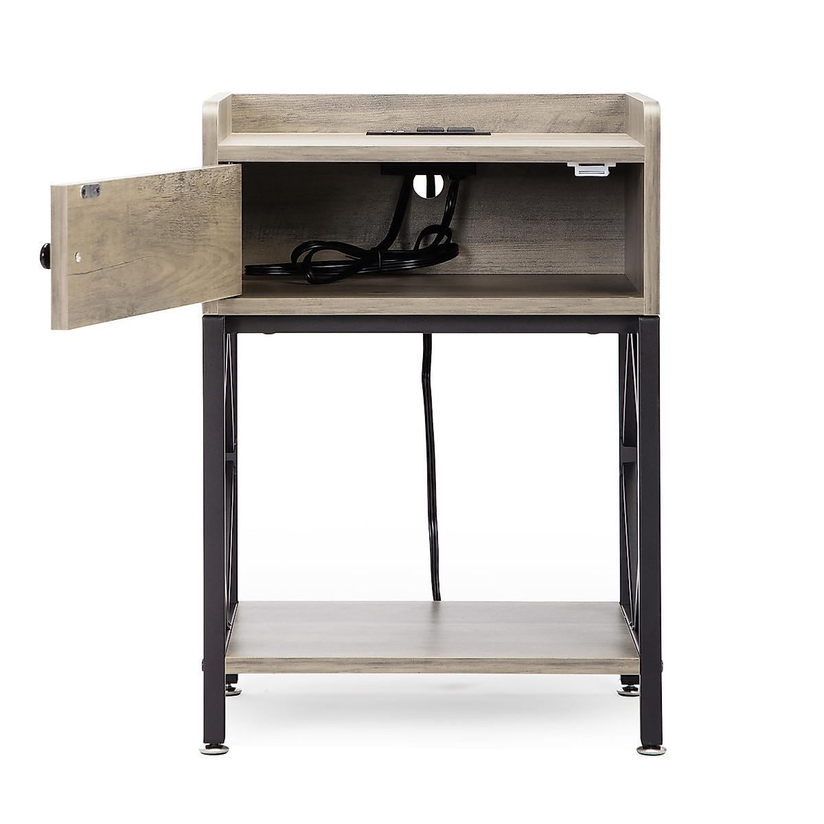 Gecheer Set of 2 Wood Nightstand, Farmhouse End Table with Charging Station, USB Ports, Cabinet, and Shelf, Sofa Bed Side Table for Bedroom Living Room, Adjustable Foot Pads, Rustic Gray