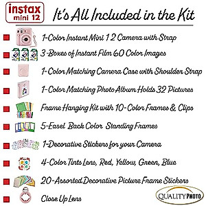 Fujifilm Instax Mini 12 Instant Camera with Case, 60 Fujifilm Prints, Decoration Stickers, Frames, Photo Album and More Accessories (Blossom Pink)