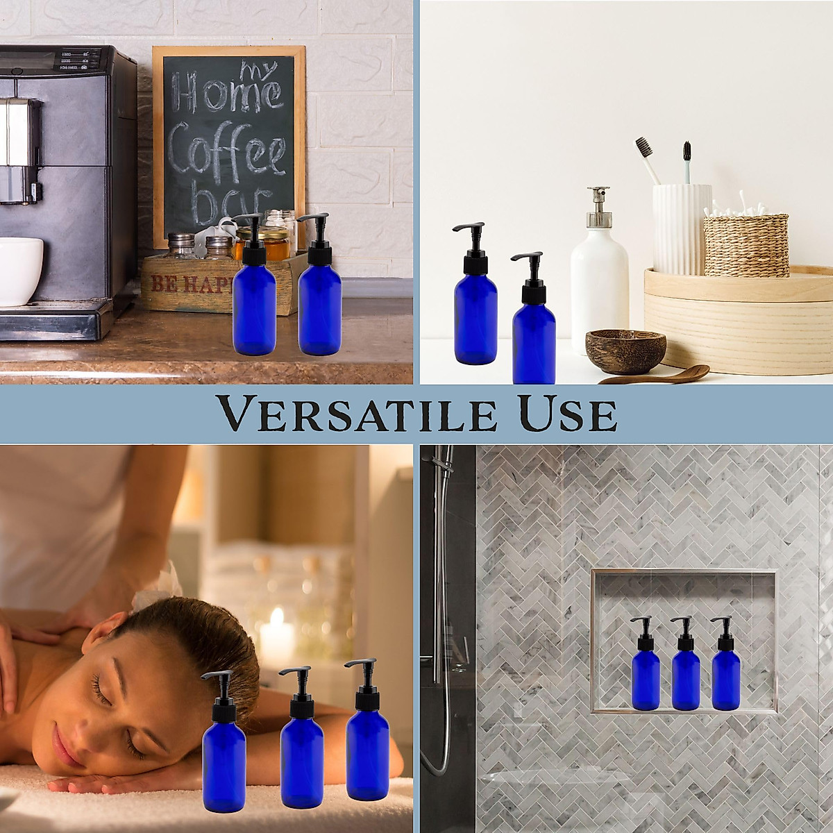 Cornucopia Brands 4-Ounce Cobalt Glass Pump Bottles (4 Pack), for Aromatherapy, Lotions, Soaps & More