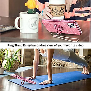 OCYCLONE for iPhone 13 Case, Glitter Sparkle Diamond Cover with Ring Stand Protective Phone Case Compatible with 6.1 inch iPhone 13 Case for Women Girls - Pink