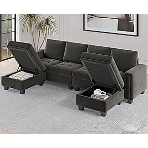 Belffin Velvet U Shaped Sectional Sofa Couch with Storage Ottoman Convertibel Sectional Sofa with Reversible Chaises Grey