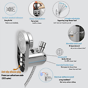 Wall Mount Handheld Shower Head Holder - 5 Positions Adjustable + 90° downwards - Large Shower Sprayer Fits - Suction Assisted Adhesive - Wide Slot - No Drill Installation - All Chrome Finish