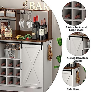 PAKASEPT Wine Bar Cabinet, Farmhouse Barn Doors Coffee Bar Cabinet with Adjustable Storage Shelves, Wooden Sideboard Buffet Storage Cabinet for Dining Room, Kitchen