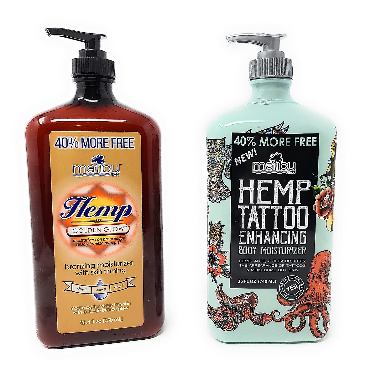 Bundle Of Malibu Moisturizer 40% More Free: Malibu Hemp Tattoo Enhancing Body Moisturizer 25 FL OZ & Malibu Hemp Golden Glow 25.4 FL OZ
