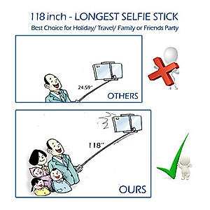 Bluetooth Long Selfie Stick- Super Length Lightweight Extendable Pole from 20'' to 118'' Built-in Wireless Remote Shutter Grip Holder Mount Compatible iPhone Samsung Android Cell Phone(Blue)