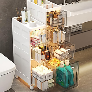 JUNGEDUI Slim Bathroom Cabinet Storage, Large Capacity Slim Storage Cabinet with Clear Plastic Drawers Casters Narrow Tall Slim Floor Cabinet for Small Spaces,7''W and 9''W