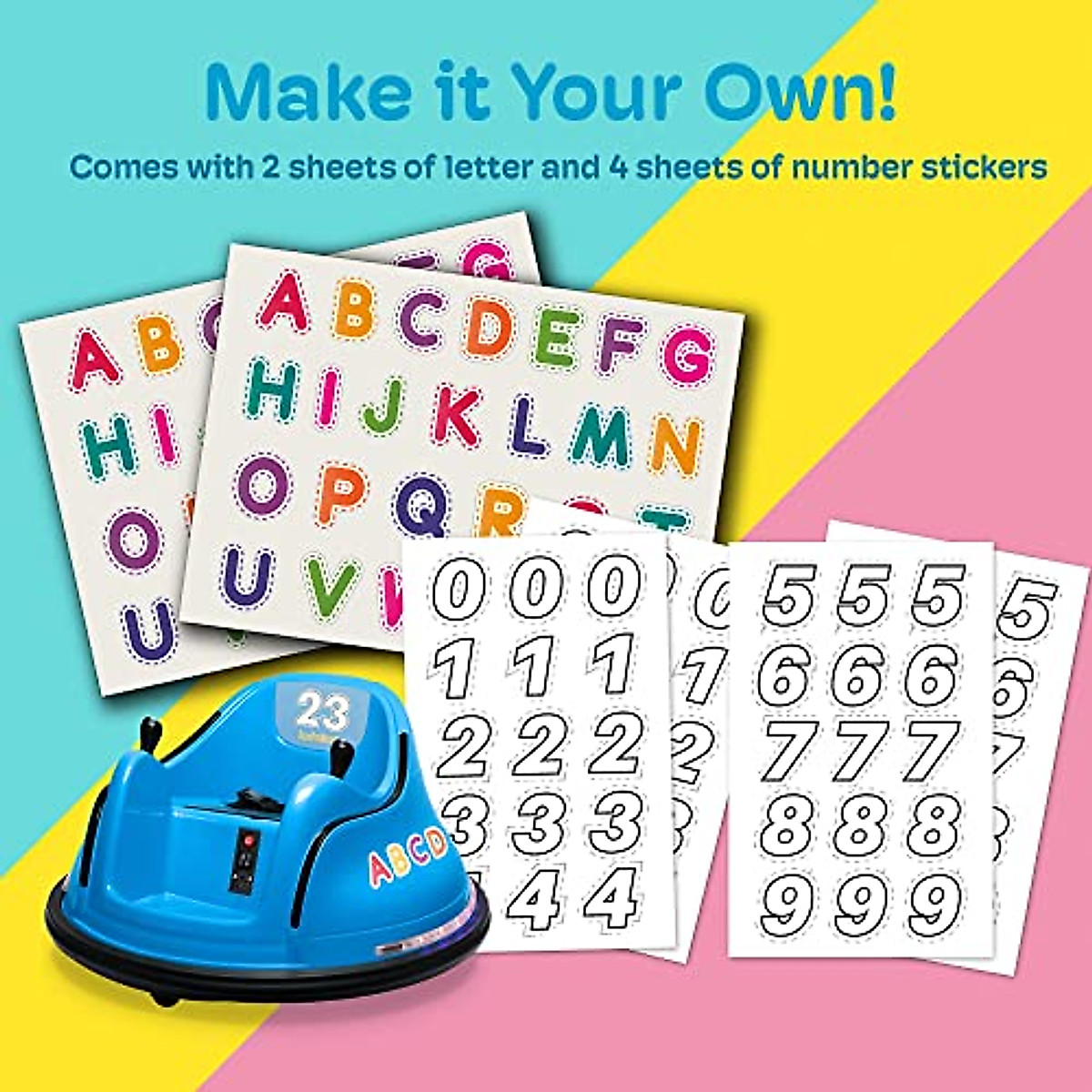 Kidzone 12V 2-Speeds Electric Ride On Bumper Car for Kids & Toddlers 1.5-5 Years Old, DIY Sticker Baby Bumping Toy Gifts W/Remote Control, LED Lights, Bluetooth & 360 Degree Spin, ASTM Certified