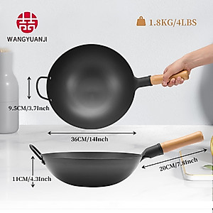 WANGYUANJI Iron Wok, 14.17’’ Traditional Round-Bottom Wok, Chef’s Professional Stir-Fry Pan with Wooden Handle, Chemical-Free Iron Wok for Gas Stoves and Round-Bottom Induction Stovetop