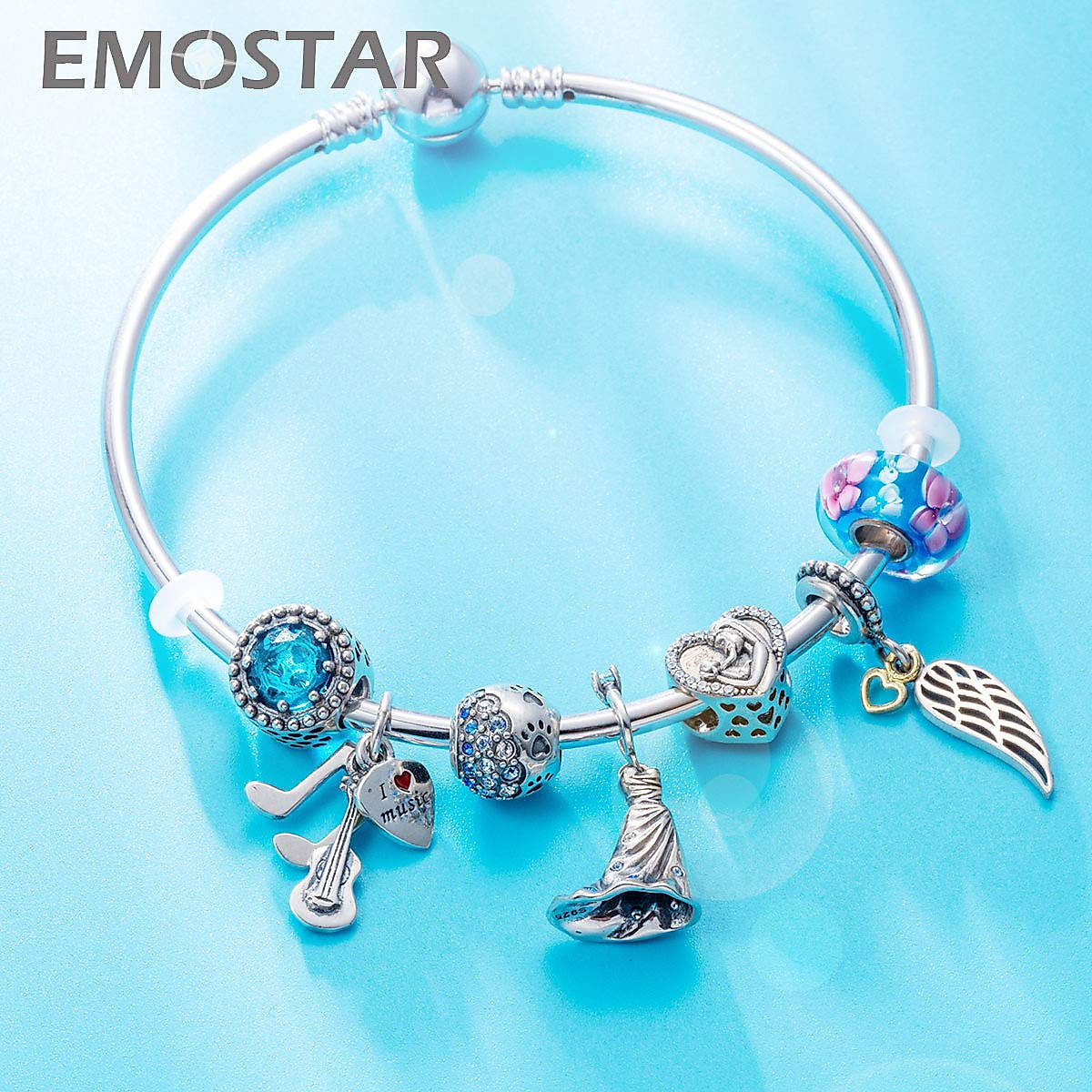 Wedding Ring Dangle Wedding Dress Charms fits Pandora Charm Bracelets–925 Sterling Silver Strapless Gown Pendant with Blue Crystals, Gifts Married Beads for Anniversary/Bride