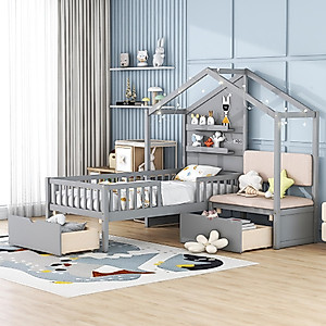 Twin House Bed for Kids, House Platform Bed with Upholstered Sofa, Charging Station, Wireless Charging, Storage Shelves and Two Drawers, Light Strip Included, Gray