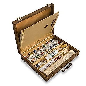 Creative Mark Capri Deluxe Wood Artist Paint Box - Storage for Art Supplies, Paints, Mediums, Brushes, Compartment Storage, Lightweight, Travel - [Oil-Stained - Natural Finish]