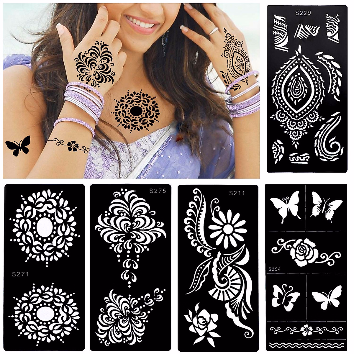 Konsait 10Sheets Large Temporary Tattoo Stencils, Reusable Henna Tattoo Sticker Template Feather Butterfly Mandala Flower Jewelry Face Body Art Glitter Tattoo Stencil Kit for Adults Women Girls