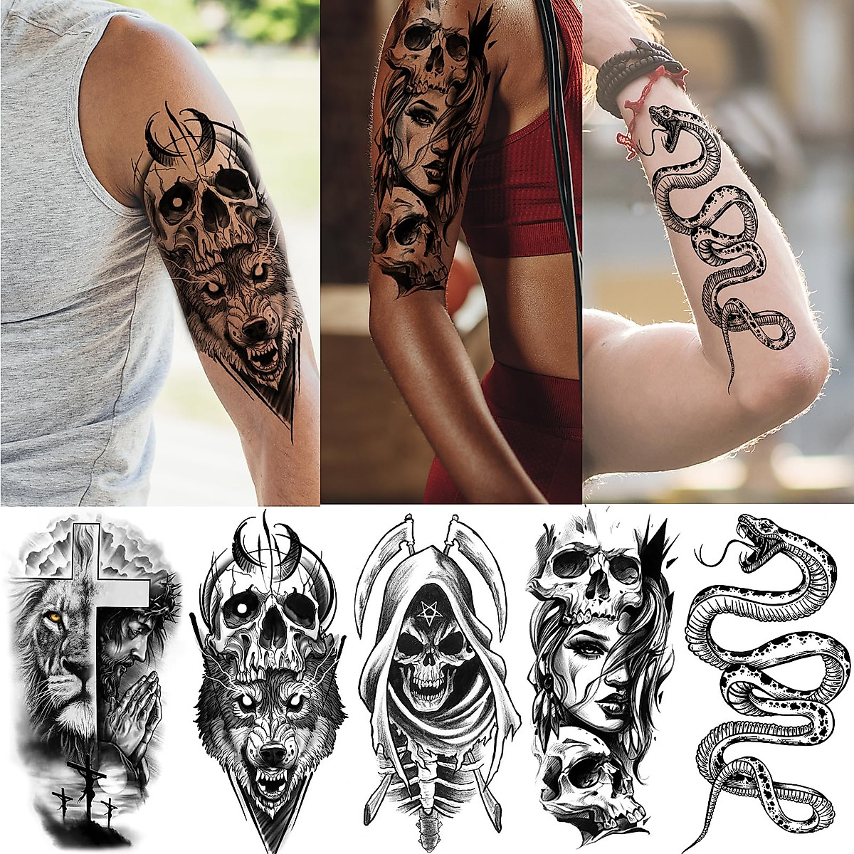 52 Sheets Black Temporary Tattoos for Kids Men and Women, Include 10 Sheets Large Half Arm Sleeve Fake Tattoos, 200+ PCS Spider Scorpion Snake Tiger Lion Skull Bat Vampire Scar Fake Tattoo Sticker