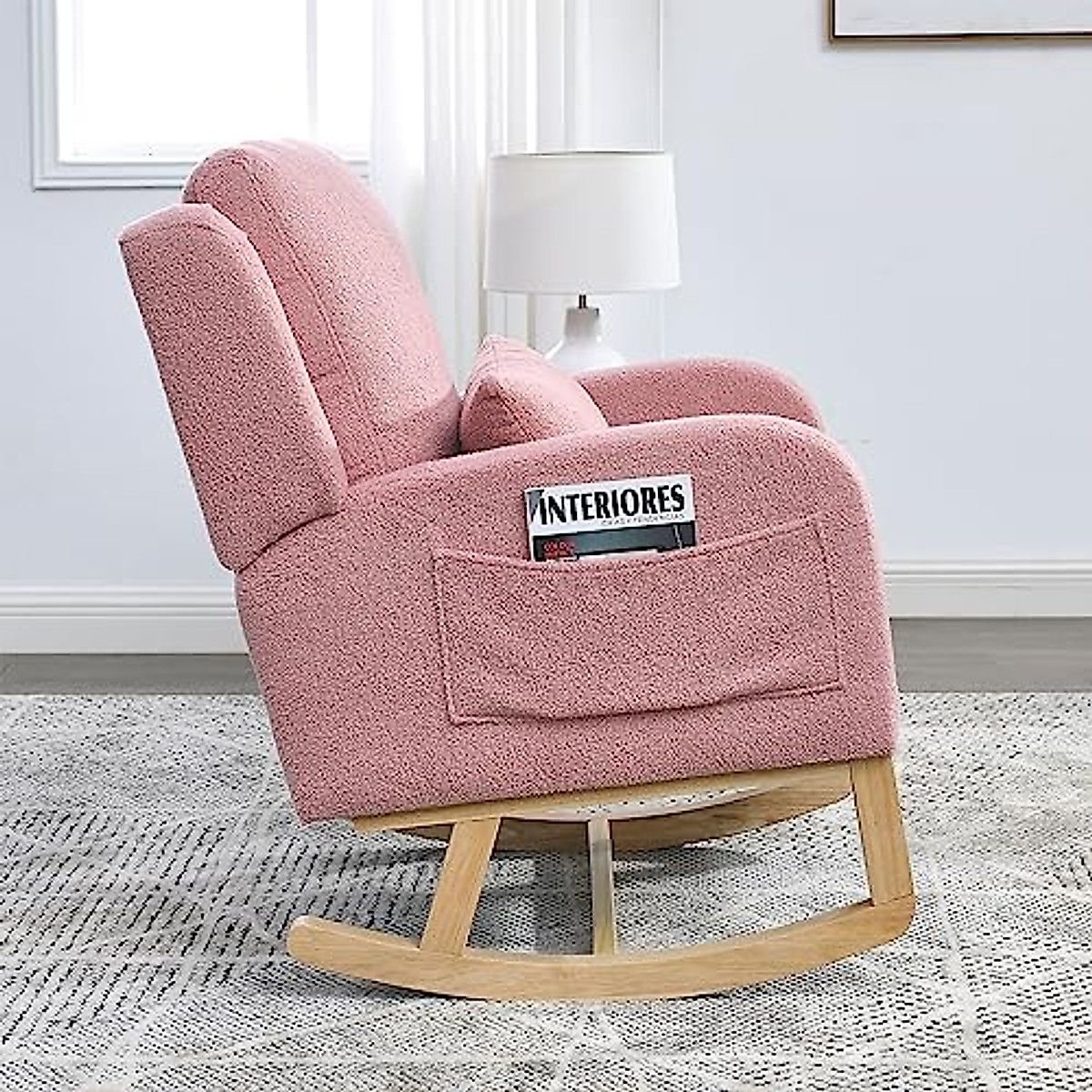 Gxcevsou Teddy Rocking Chair for Nursery, High Back Glider Rocker Upholstered Armchair with One Lumbar Pillow for Nursery, Comfy Armchair with Two Side Pockets for Living Room, Bedroom (Pink)