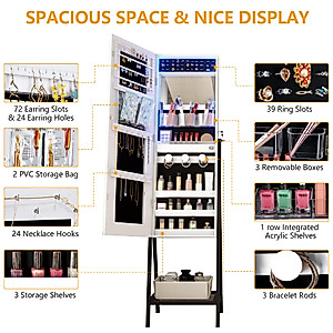 Vlsrka Mirror Jewelry Cabinet Standing with LED, Jewelry Mirror Full Length with Built-in Makeup Mirror & Lights, Large Jewelry Armoire Cabinet for Earrings Necklaces Cosmetic (White)