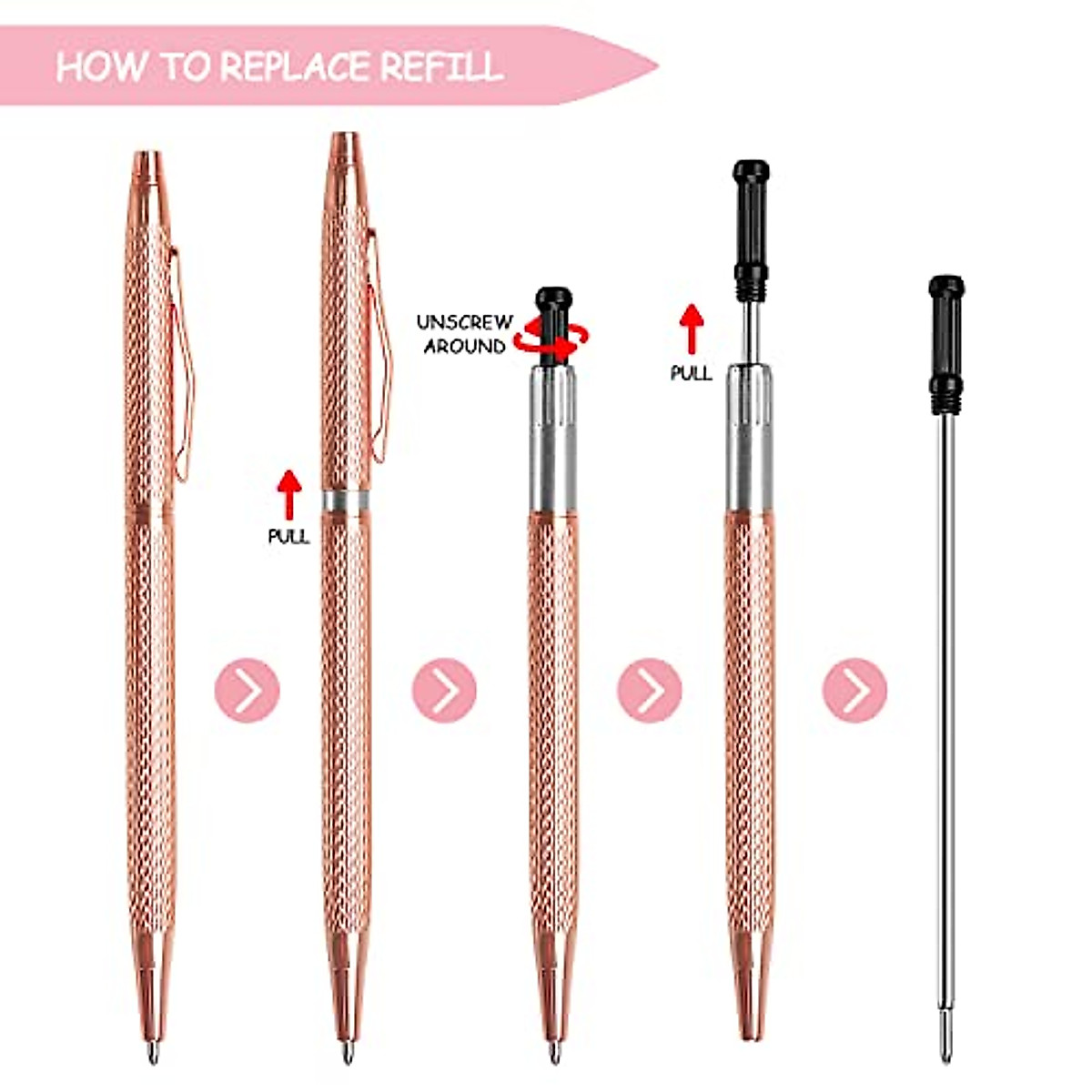LONGKEY 3 Pack Slim Metallic Retractable Ballpoint Pens Black Ink, Nice Gift for Business Office Students Teachers Wedding Christmas (Rose Gold)