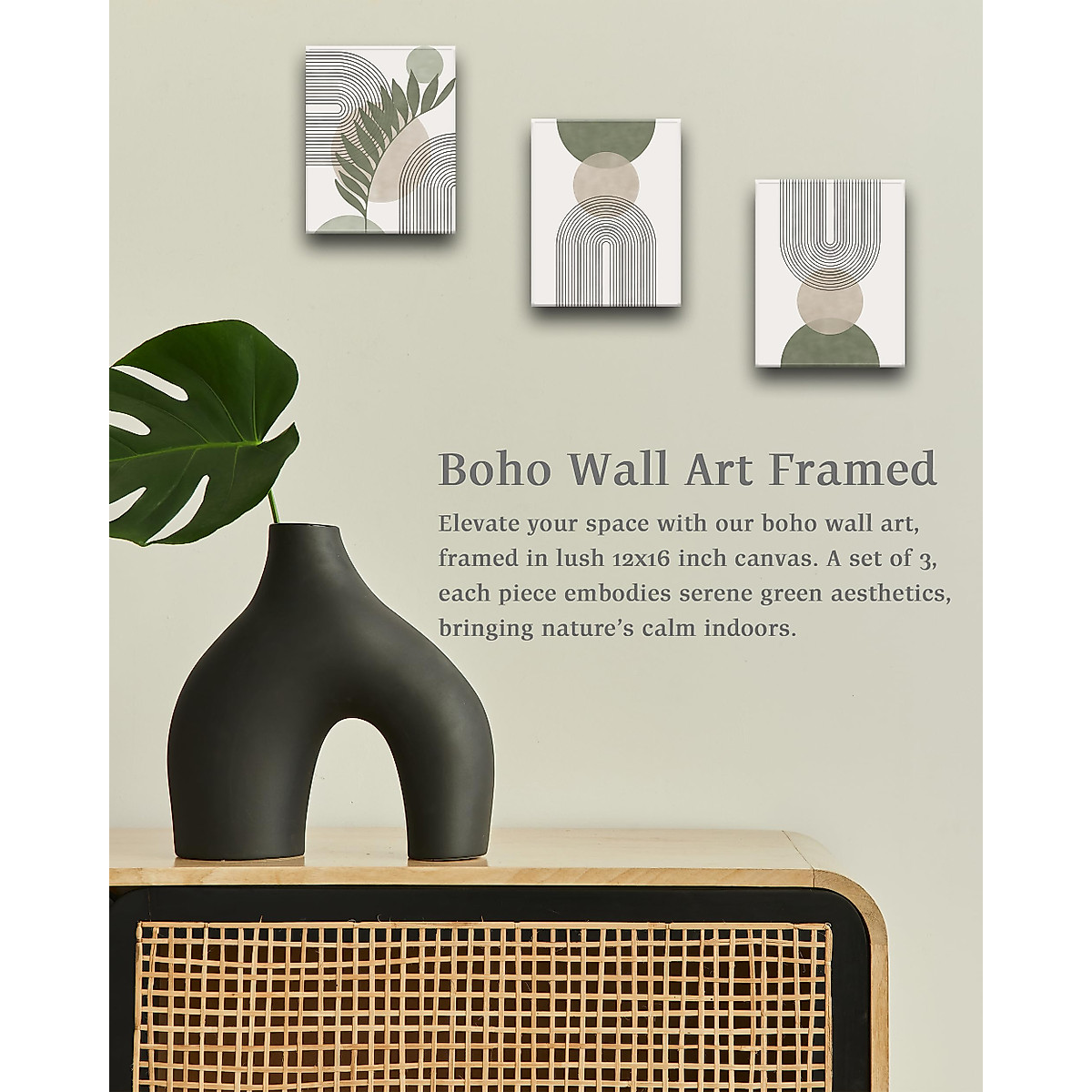 iHery Sage Boho Wall Art, 12x16in Framed Canvas Wall Art Pictures, Mid-Century Modern Wood Framed Abstract Prints for Bedroom,Minimalist wall Decor Bathroom 3Pack