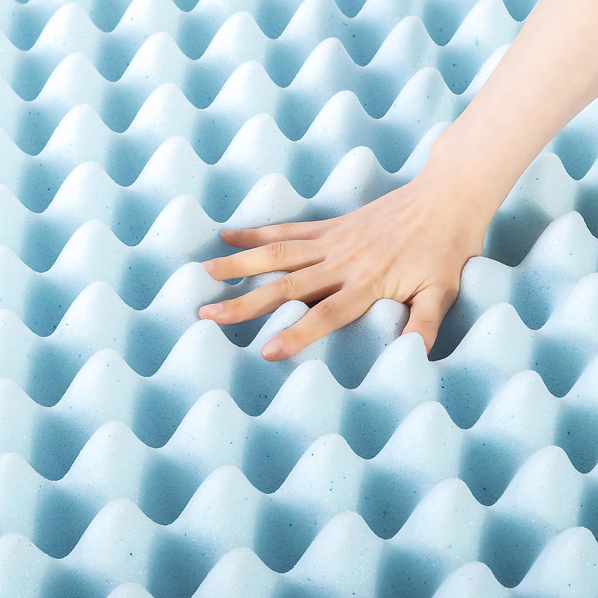 Best Price Mattress 4 Inch Egg Crate Memory Foam Mattress Topper with Cooling Gel Infusion, CertiPUR-US Certified, Short Queen Light Blue