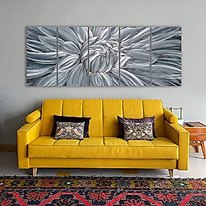 Yihui Arts Silver Metal Flower Wall Art, 5 Pieces Aluminum Artwork, Contemporary Botanical Sculpture for Living Room Bedroom Bathroom Decor