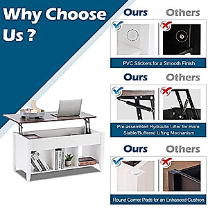 VINGLI Lift Top Coffee Table, White Coffee Table with Lift Top, Lift Up Coffee Table with Storage Shelf/Hidden Compartment, Gas Lift Coffee Table Mesa De Centro para Sala Pop Up Coffee Table