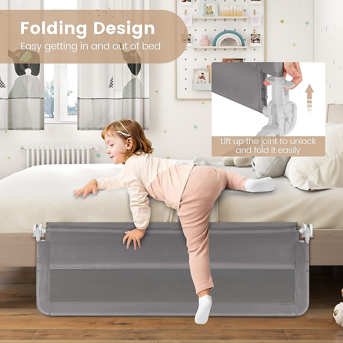 HONEY JOY Bed Rail for Toddlers, 59-in Extra Long, Portable Safety Bed Guardrail w/Double Safety Child Lock, Foldable Baby Bed Rail Guard, Fit King & Queen Full Twin Size Bed Mattress (2 Pack, Gray)