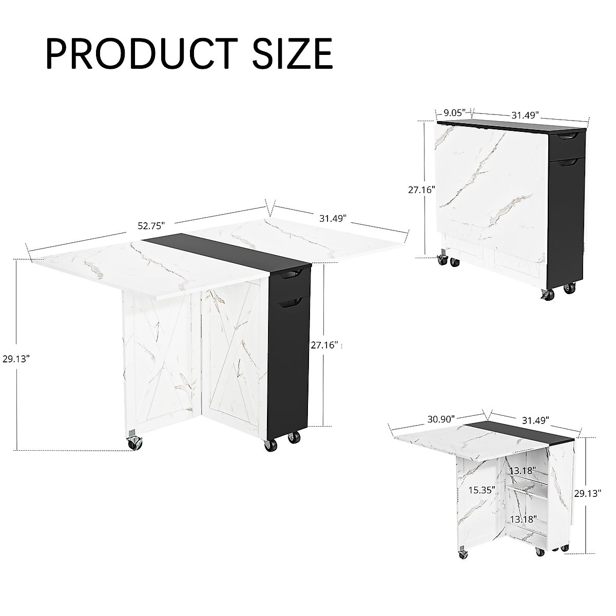 3imothrix Folding Dining Table, Dinner Table with Drawer and Storage and Shelves, Space Saving Dining Table with 6 Wheels, Kitchen Table for Small Spaces (Black)
