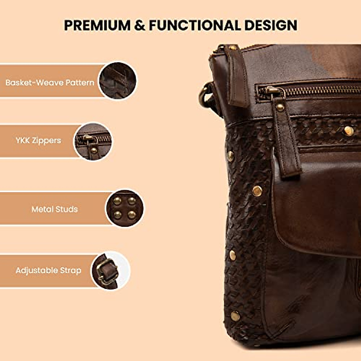 Sling Bags for Women Genuine-Leather - Vintage Multi Pocket Crossbody Purse (Chestnut)