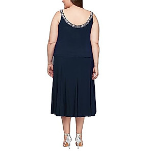 Alex Evenings womens Plus-size Tea Length Jacket With Sequin Beaded Trim Special Occasion Dress, Navy, 16 Plus