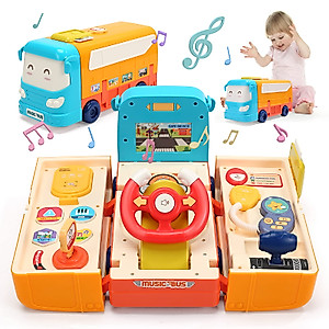HOLYFUN Bus Car Toy for Toddler, Kids Play Bus with Steering Wheel Toy, Sound and Light, Music School Bus Toy, Educational Bus Driving Toy Gift for Boys & Girls
