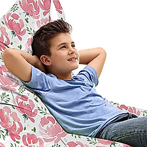 Lunarable Flower Lounger Chair Bag, Watercolor Floral Art Print with Blooming Flowers Leaves Country Garden Theme, High Capacity Storage with Handle Container, Lounger Size, Pale Pink Green