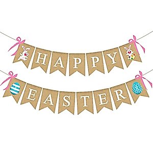 Happy Easter Banner, Easter Decorations Burlap Easter Garland with Bunny Sign for Spring Themed Party Favors Supplies, No DIY Required