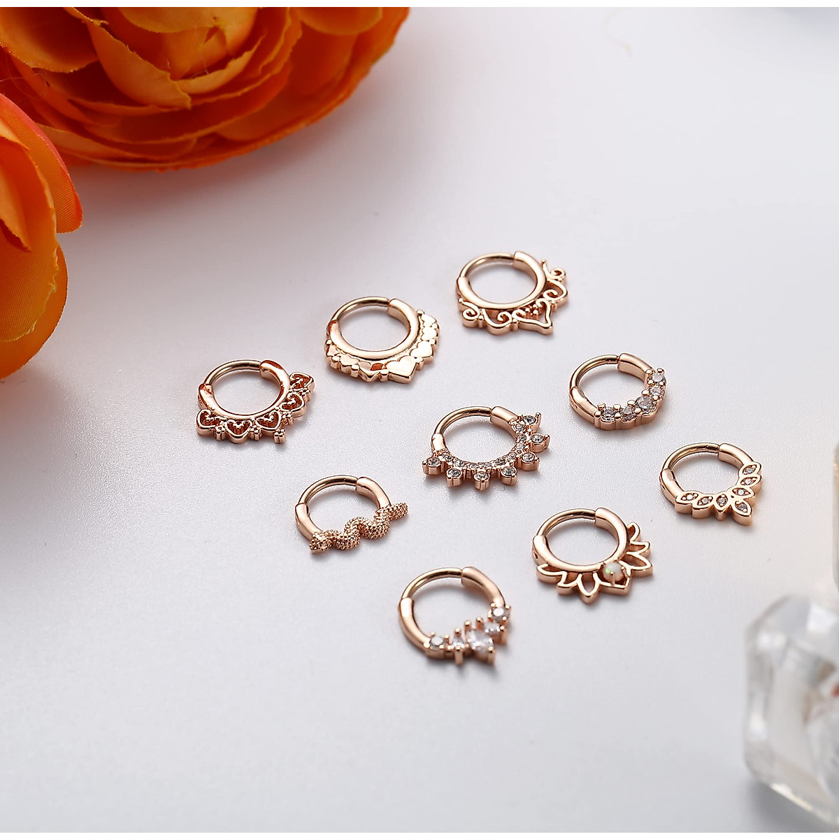 Ubjuliwa 9Pcs Septum Jewelry 16G Daith Earrings Hinged Hoop Nose Rings 316L Stainless Steel Septum Clicker CZ Rings for Women Rose Gold Cartilage Helix Tragus Rook Hoop Daith Earrings 8MM Style B
