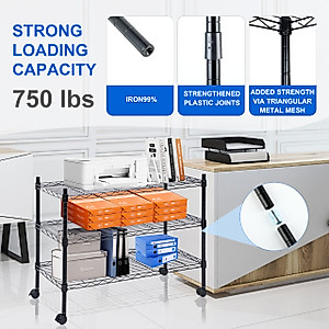 HealSmart Heavy Duty 3-Tier Shelving Units Adjustable, Wire Shelf with 750 lbs Capacity (250 per Shelf), 30" D x 14" W x 24 "H, Black, 3 Levels, Storage Shelf with Wheels & Leveling Feet