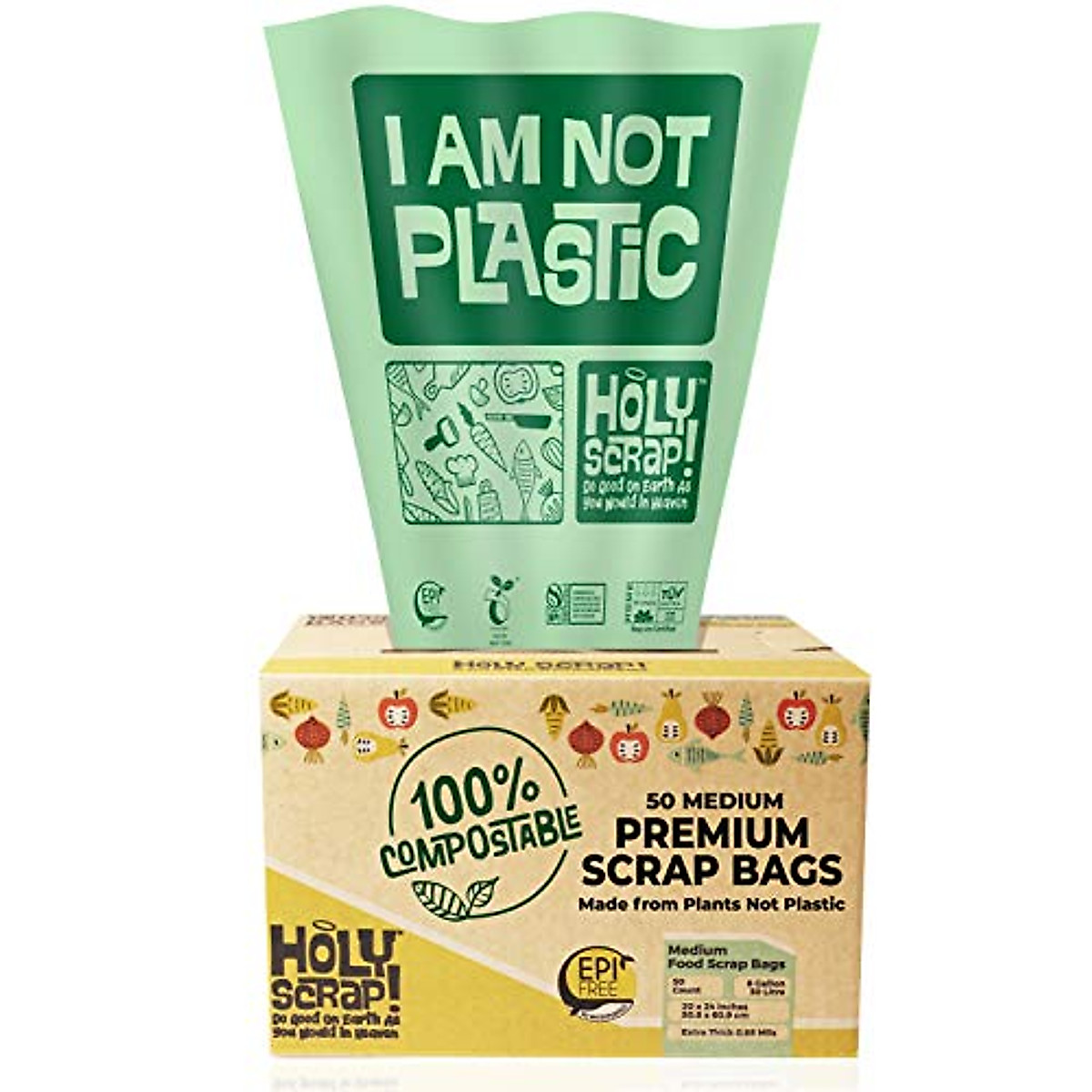 Holy Scrap! Compostable Trash Bags 8 Gallon - Pack of 50 - Trash Bags Medium/Small - Garbage Kitchen Compost Bags - Eco Friendly Trash Bags or Compost Bin Liner - Bio Compostable Bags