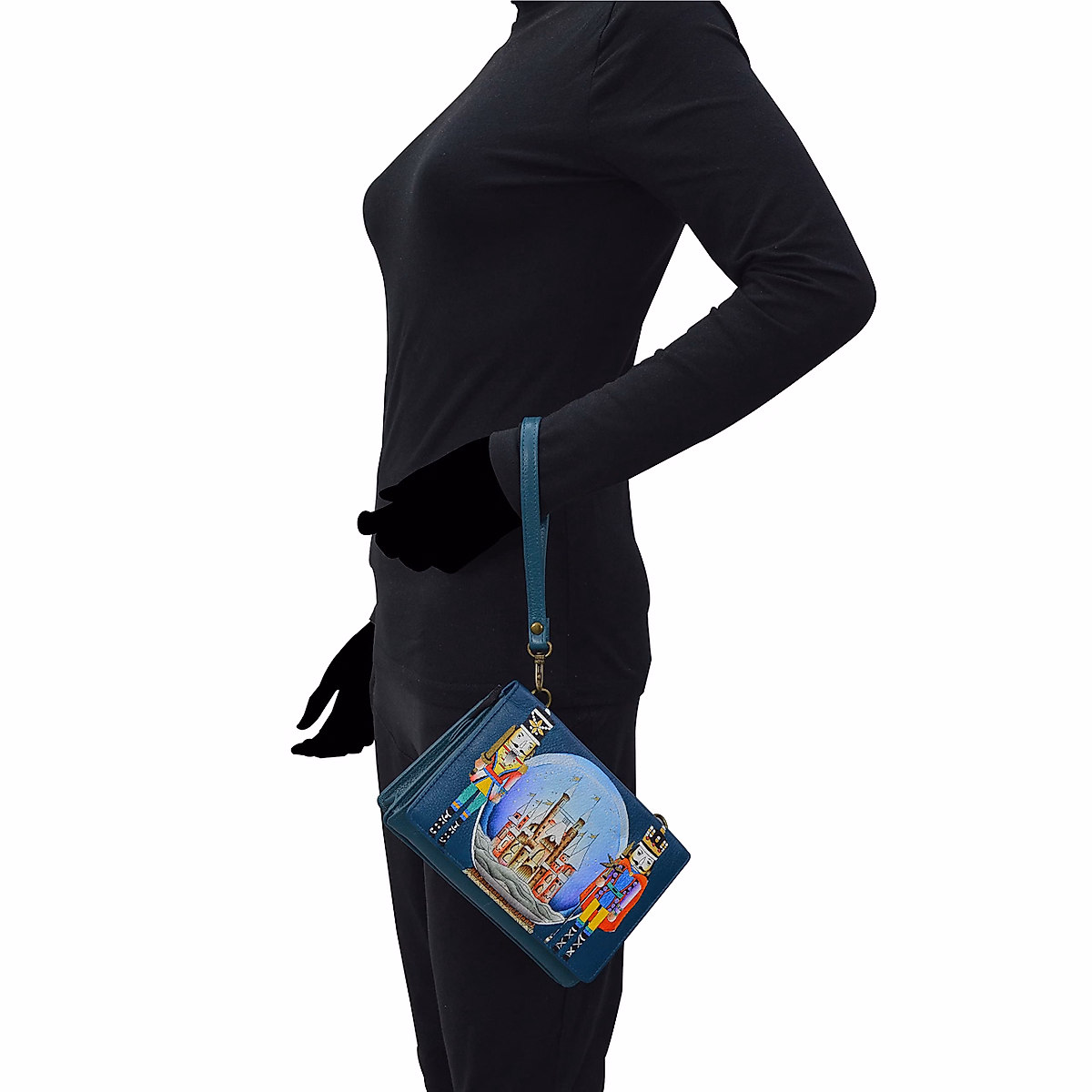 Anna by Anuschka Women's Hand-Painted Genuine Leather 4-In-1 Organizer Crossbody/Belt Bag/Clutch/Writlest - Nutcracker Party