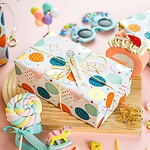 Retrify Birthday Wrapping Paper, Metallic Gold Gift Wrap Paper Roll, Colorful Balloon Cute Polka Dot Star Happy Birthday Design - 17 Inches x 32.8 Feet