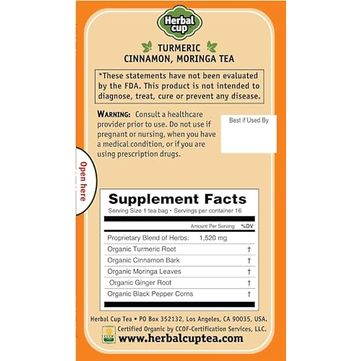 Herbal Cup Ayurveda Turmeric Tea, Organic Cinnamon Moringa, No Caffeine Herbal Supplement (16 Count, Pack of 1)