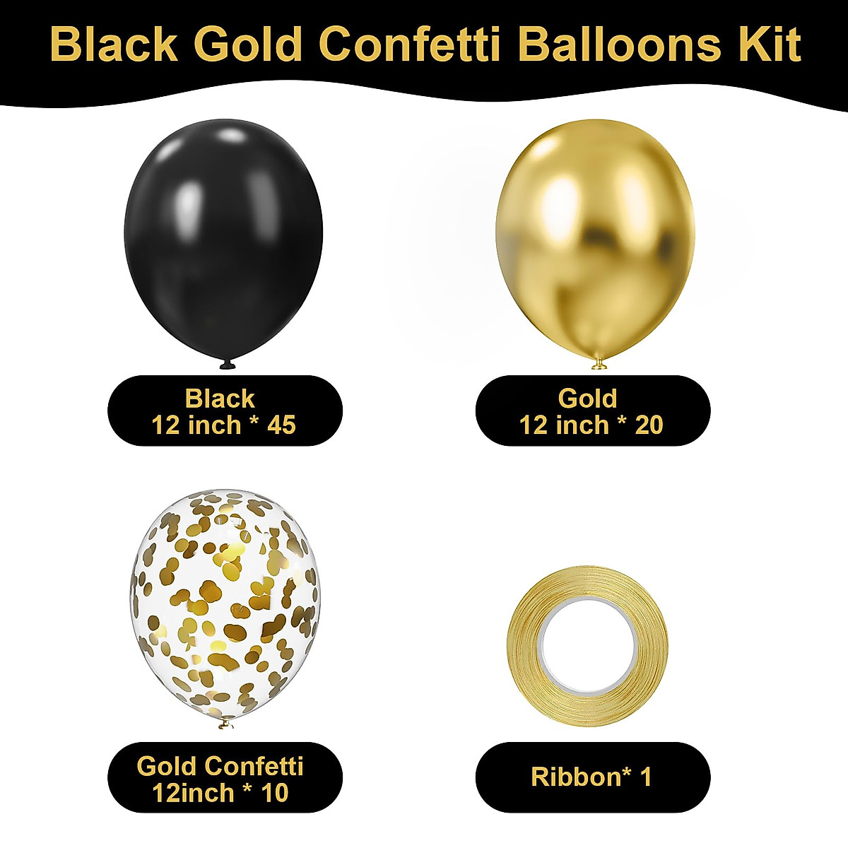 75pcs Black and Gold Balloons, 12 Inch Black and Gold Confetti Balloons Gold Latex Balloons for Birthday, New Year,Wedding,Graduation Party Baby Shower Decorations