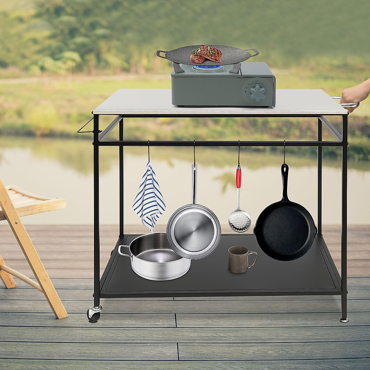 Gagalayong Double-Shelf Movable Outdoor Grill Cart Pizza Oven Stand, Multifunctional Kitchen Food Prep Table with Drawer, Black Solid Steel Dining Worktable on 4 Wheels & Seasoning Tray