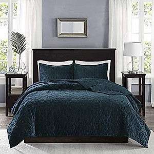 Madison Park Harper Quilt Set-Faux Velvet Casual Geometric Stitching Design All Season, Lightweight Coverlet, Cozy Bedding, Matching Shams, King/Cal King(104"x94"), Teal 3 Piece