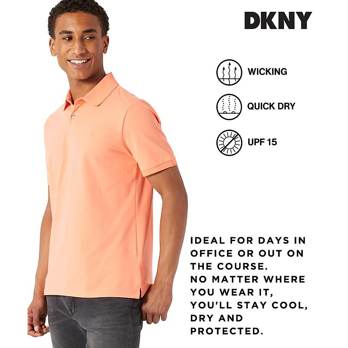 DKNY Men’s Polo Shirt – Cotton Mens Short Sleeve Polo Shirts | No Curl Collar Quick Dry Regular Fit Moisture-Wicking Golf Shirt for Men (Sizes: S-2XL) Coral