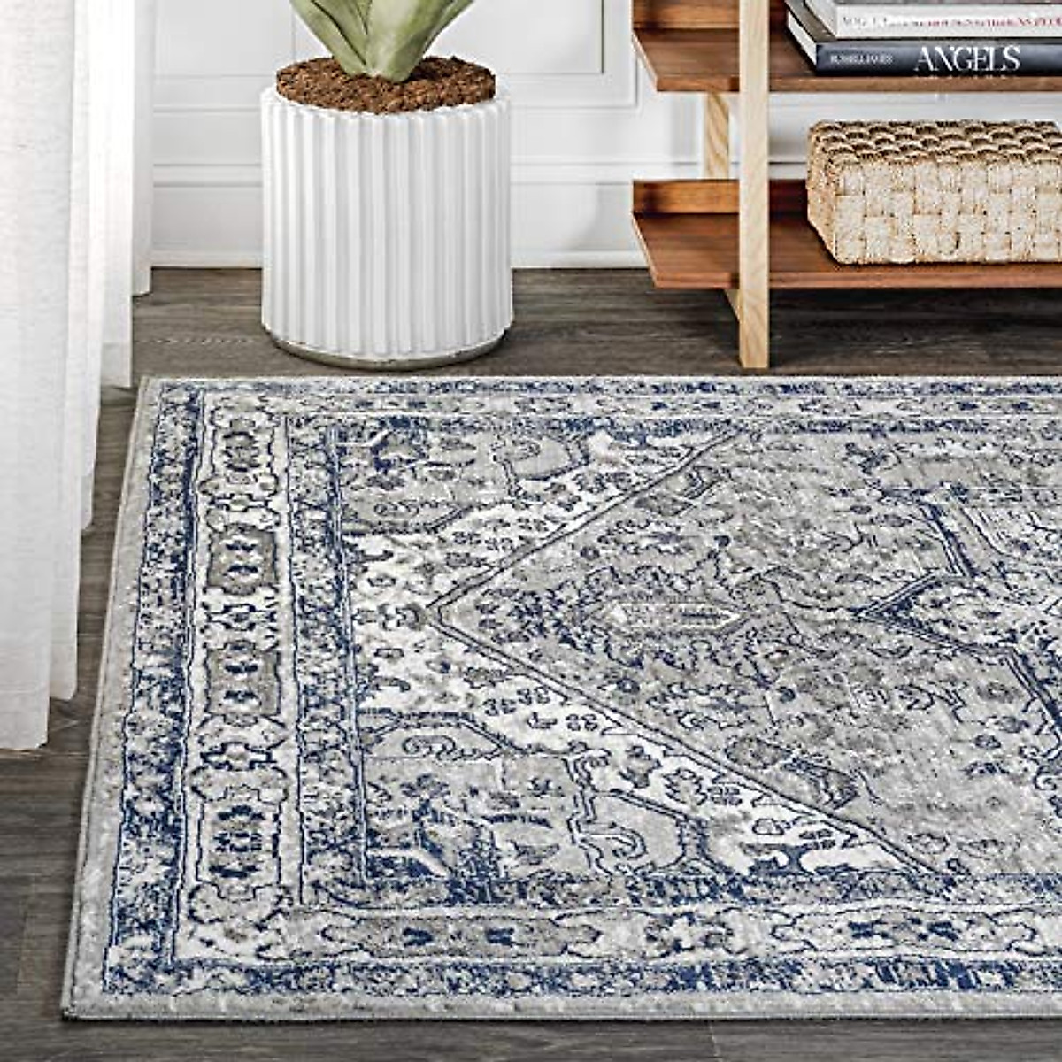 JONATHAN Y MDP106B-8 Modern Persian Vintage Medallion Traditional Indoor Area -Rug Country Easy -Cleaning Bedroom Kitchen Living Room Non Shedding, 8 X 10, Light Grey/Navy
